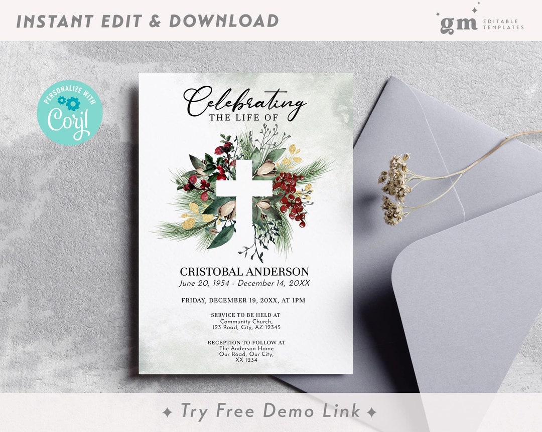Winter Cross Memorial Invitation Card, Editable Christmas Funeral ...