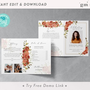 4 Page Funeral Program, Red Dahlias & Butterflies, Editable Floral ...