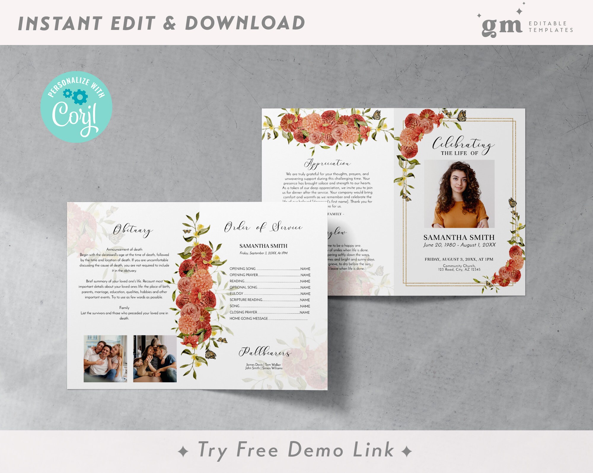 4 Page Funeral Program, Red Dahlias & Butterflies, Editable Floral ...