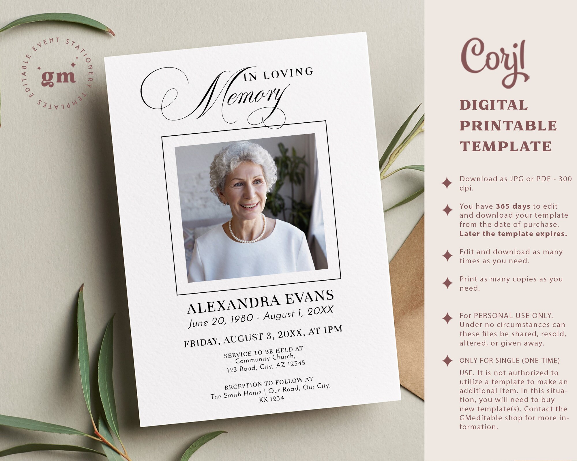 Elegant Memorial Invitation Card Editable Simple Funeral - Etsy