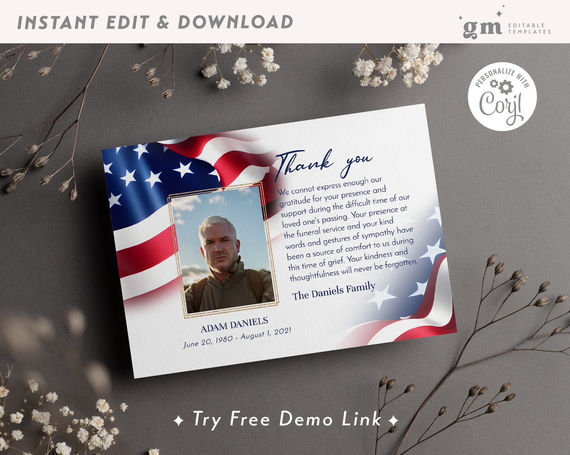 Veteran Memorial Thank You Photo Card, Editable Military Funeral ...