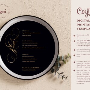 Elegant Round Wedding Table Menu Template, Black & Gold, EDITABLE ...