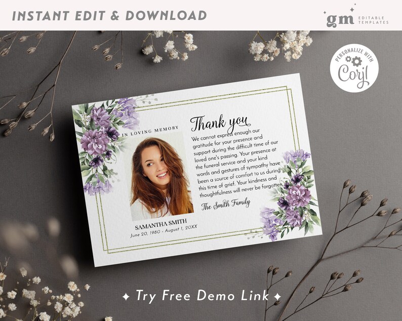 Purple Flowers Memorial Thank You Photo Card, Editable Floral Funeral ...