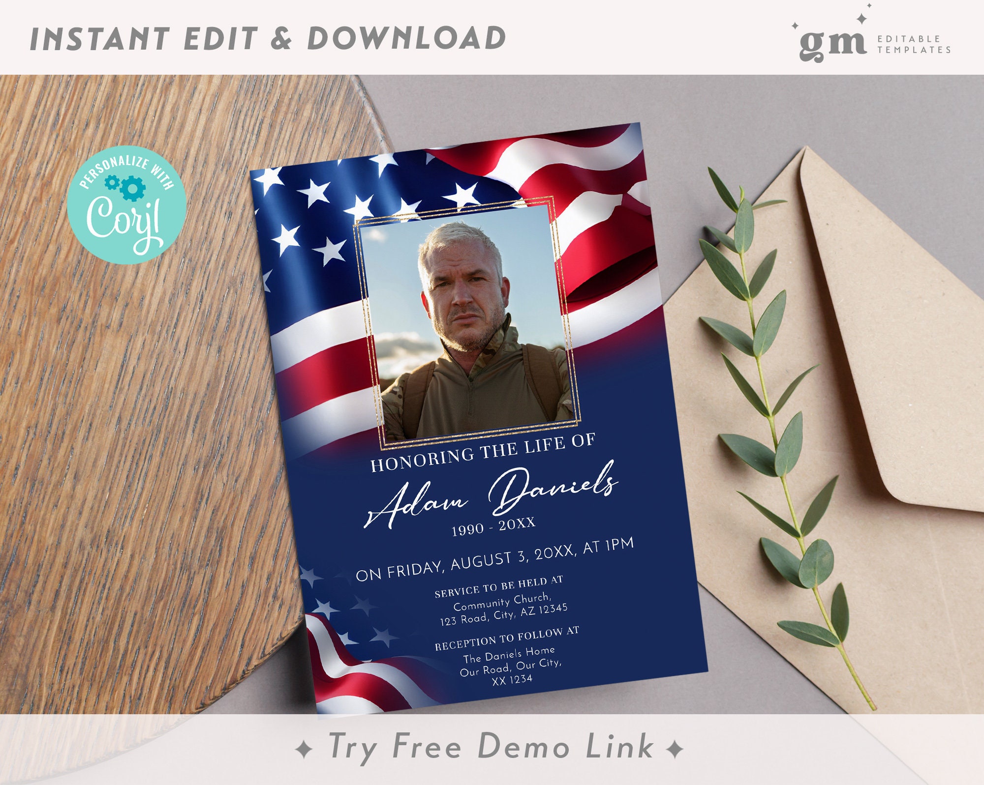 Veteran Memorial Invitation Card With Flag, Editable Military Funeral ...