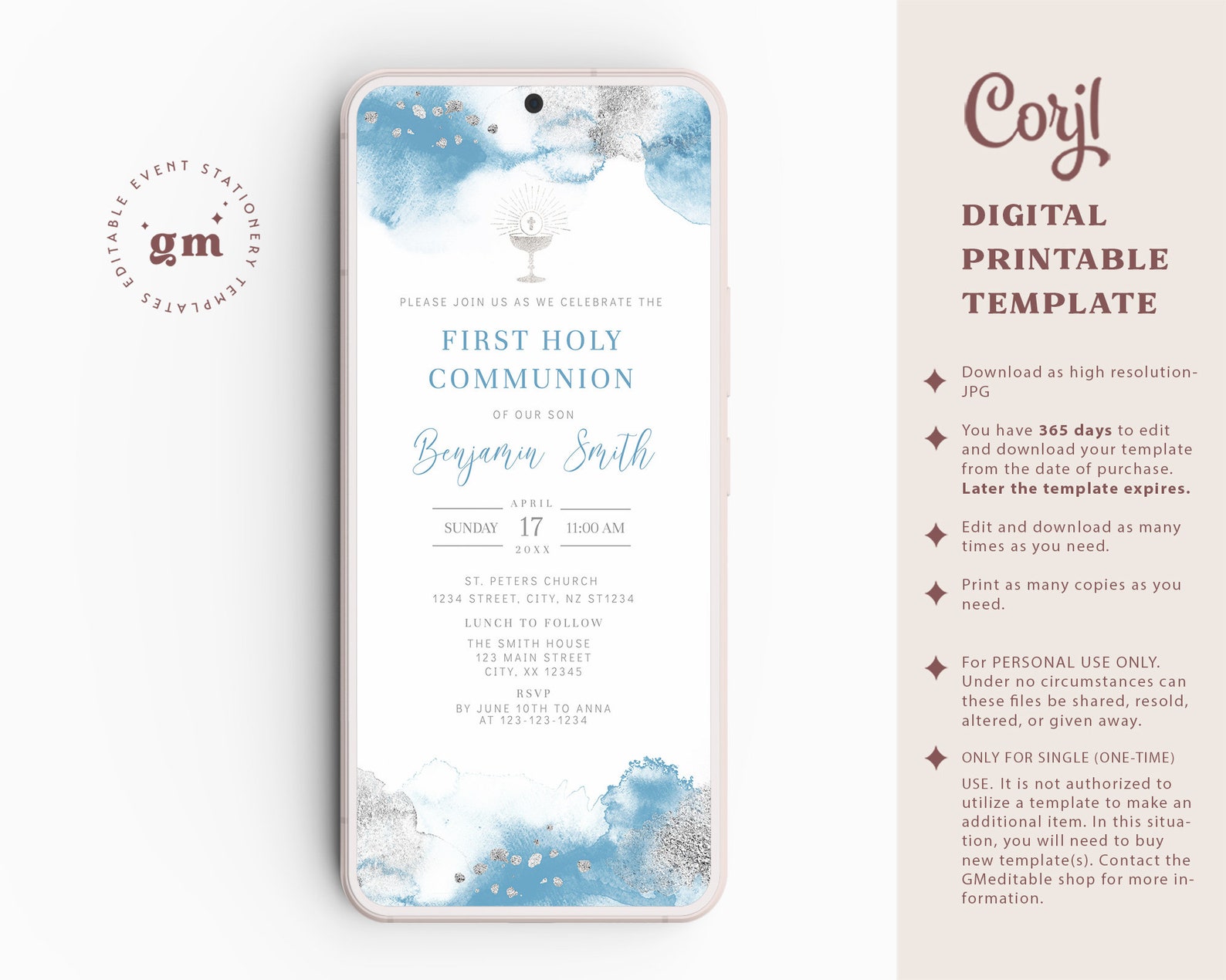 Boy First Holy Communion Electronic Invite Template, Light Blue ...