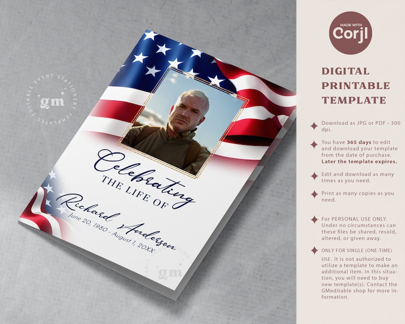 Veteran 4 Page Funeral Program With Flag, Editable Military Obituary ...