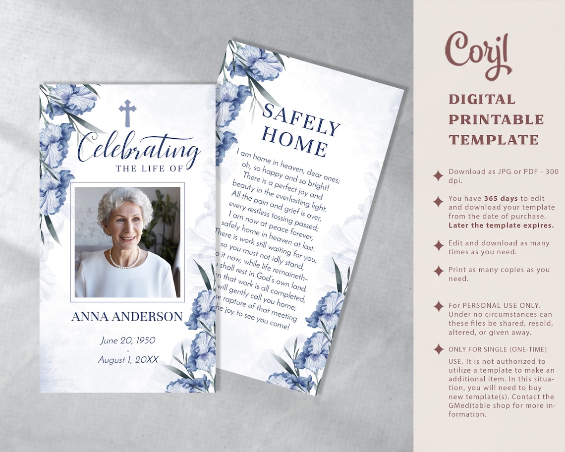 Floral Catholic Mass Card for Funeral, Blue Iris, Editable Memorial ...