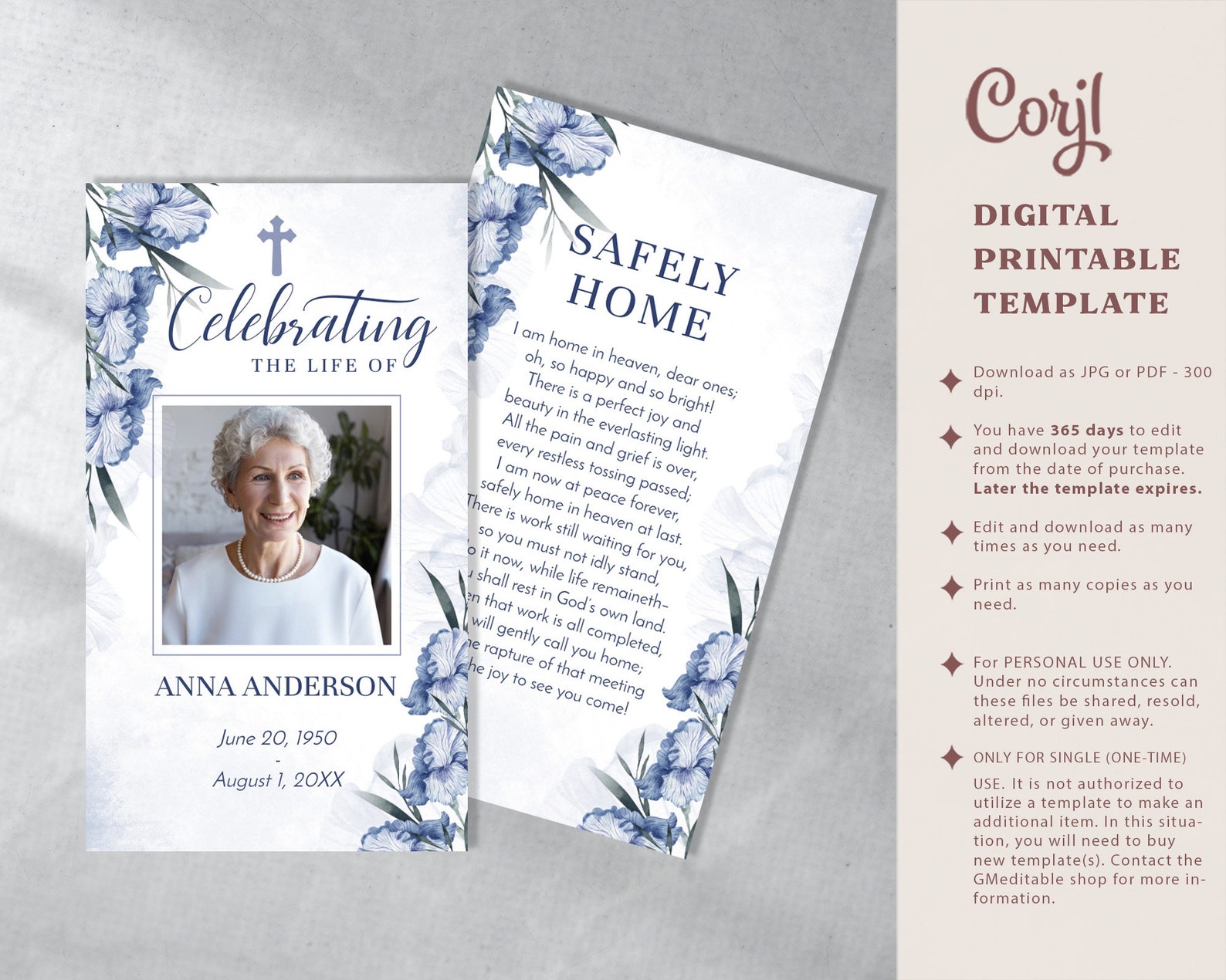 Floral Catholic Mass Card for Funeral, Blue Iris, Editable Memorial ...