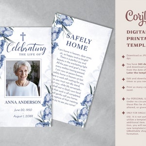 Floral Catholic Mass Card for Funeral, Blue Iris, Editable Memorial ...