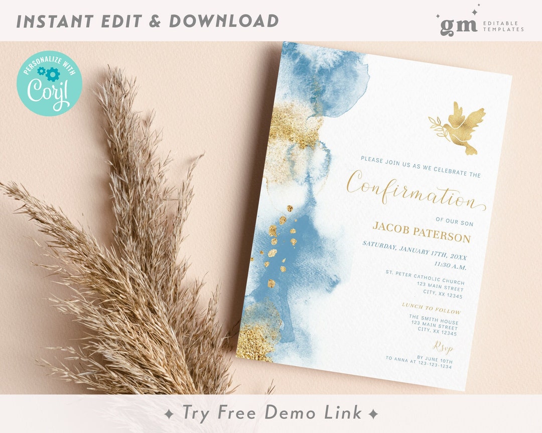 Watercolor Boy Confirmation Invite, Dove Invite Template, EDITABLE Male ...