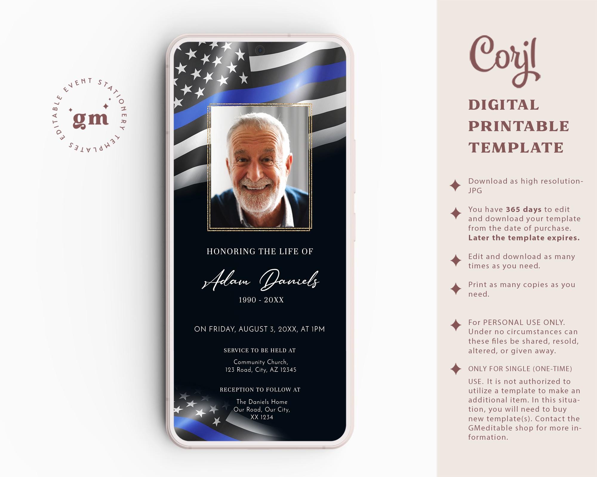 Editable Police Funeral Evite Template - Thin Blue Line Flag, Virtual ...