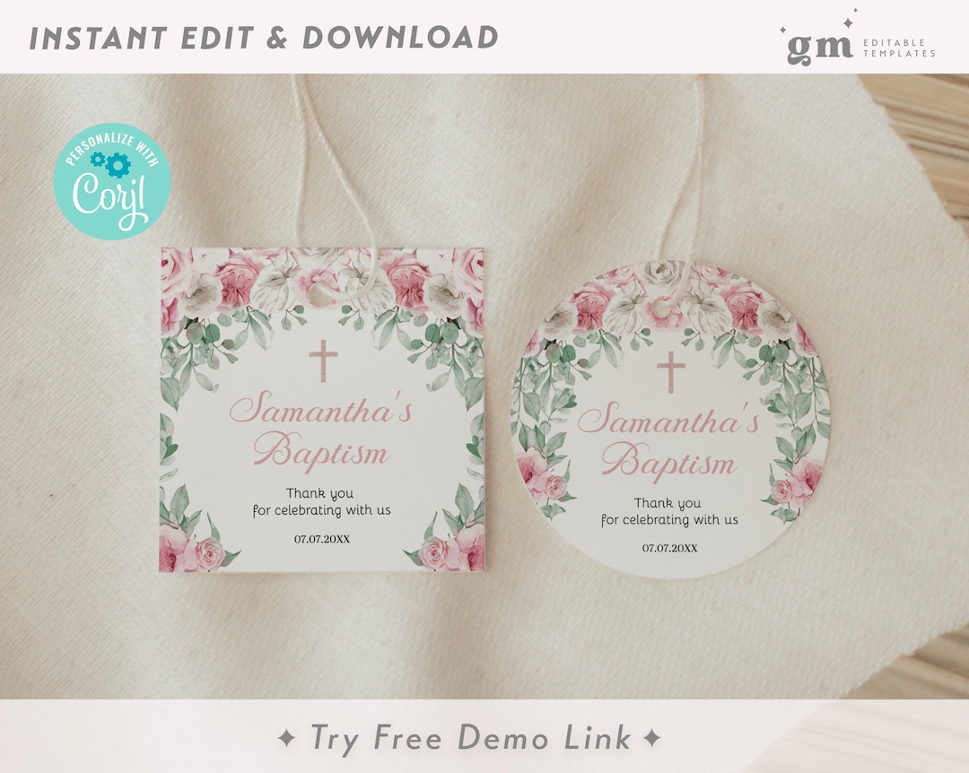 Floral Baptism Thank You Tag, Circle & Square, EDITABLE Girl Communion ...