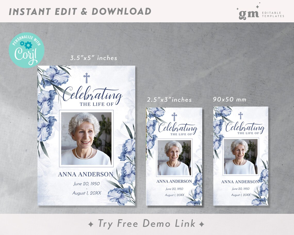 Floral Catholic Mass Card for Funeral, Blue Iris, Editable Memorial ...