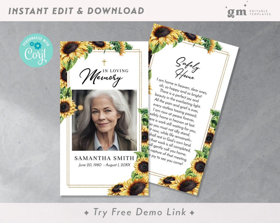 Sunflower Catholic Mass Card for Funeral, Editable Memorial Prayer Card ...
