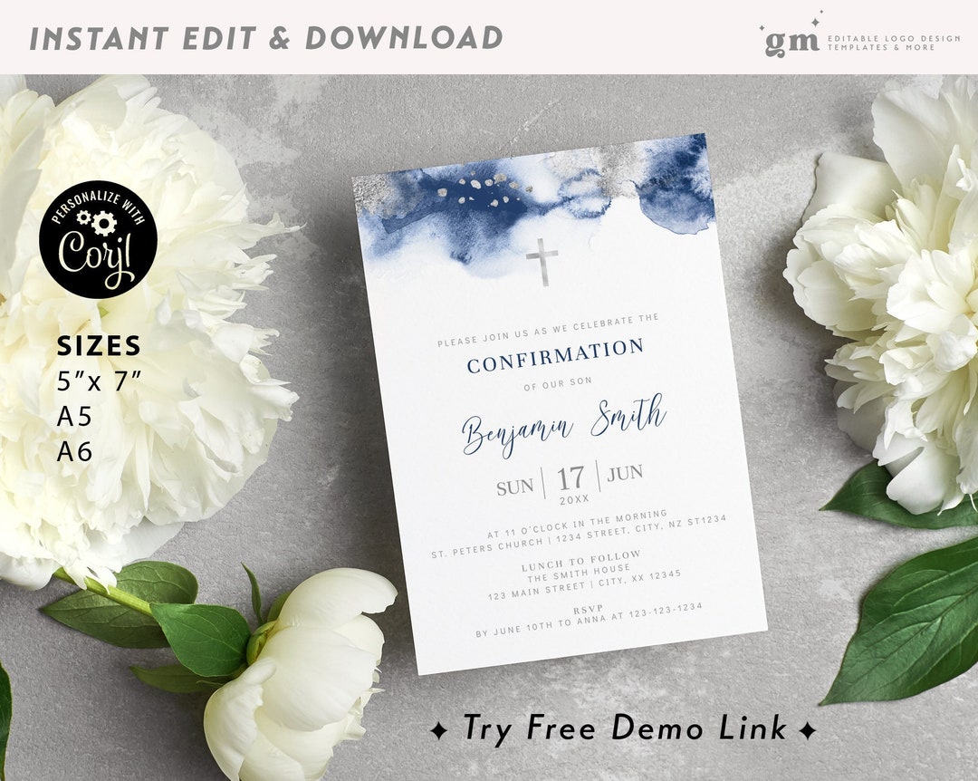 Navy & Silver Confirmation Invitation, EDITABLE Boy Confirmation Card ...