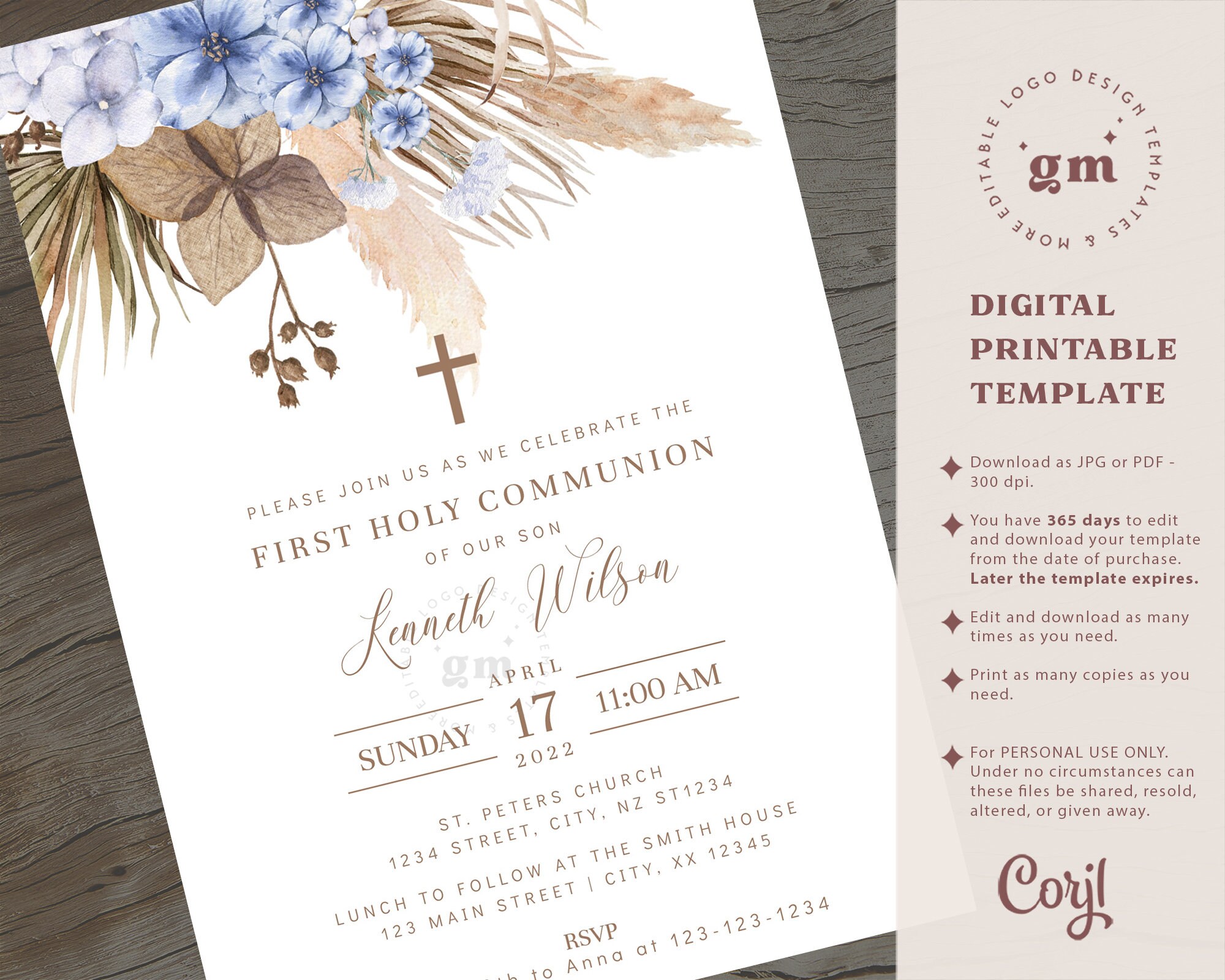 Pampas Grass Communion Photo Invitation, Boho Editable First Holy ...