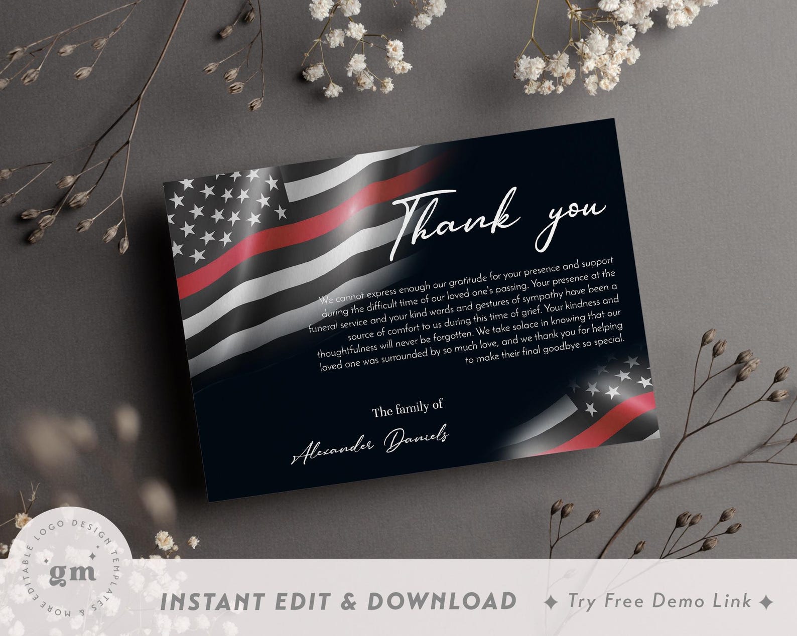 Firefighter Memorial Thank You Card, Editable Fireman Acknowledgement ...