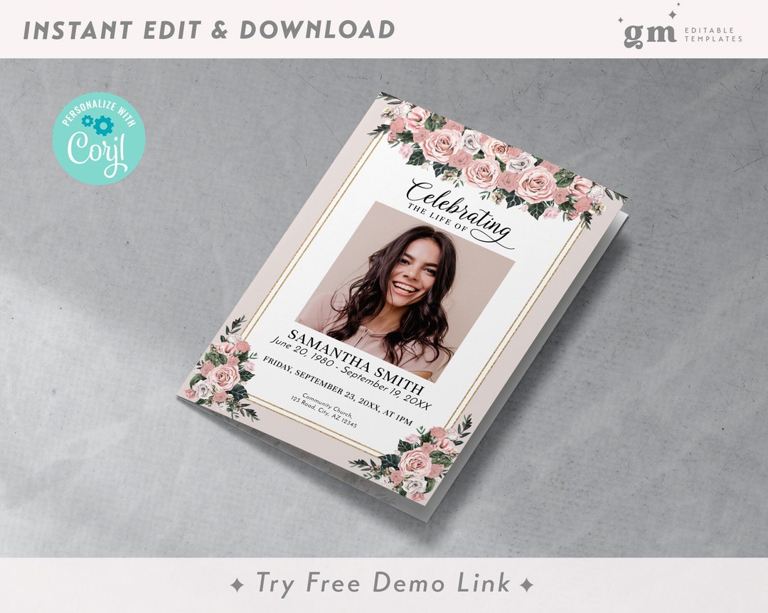 4 Page Roses Funeral Program, Editable Floral Obituary TEMPLATE, Bifold ...