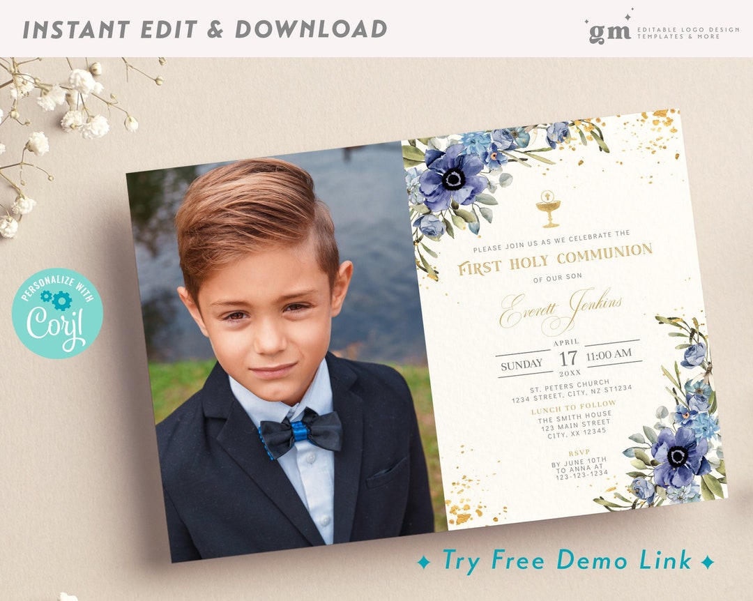 Floral Boy 1st Communion Photo Invitation, EDITABLE First Holy ...