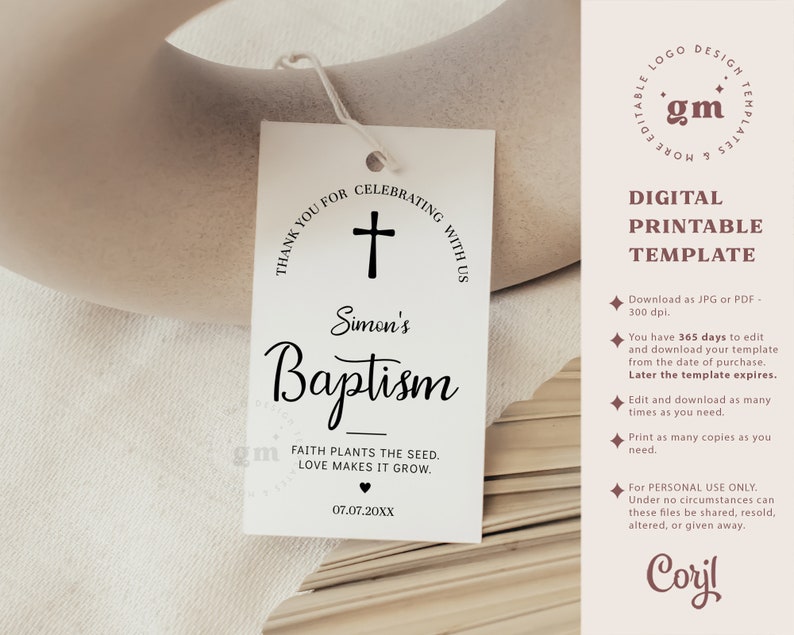 Simple Confirmation Favor Tag, Minimalist, EDITABLE Baptism Thank You ...