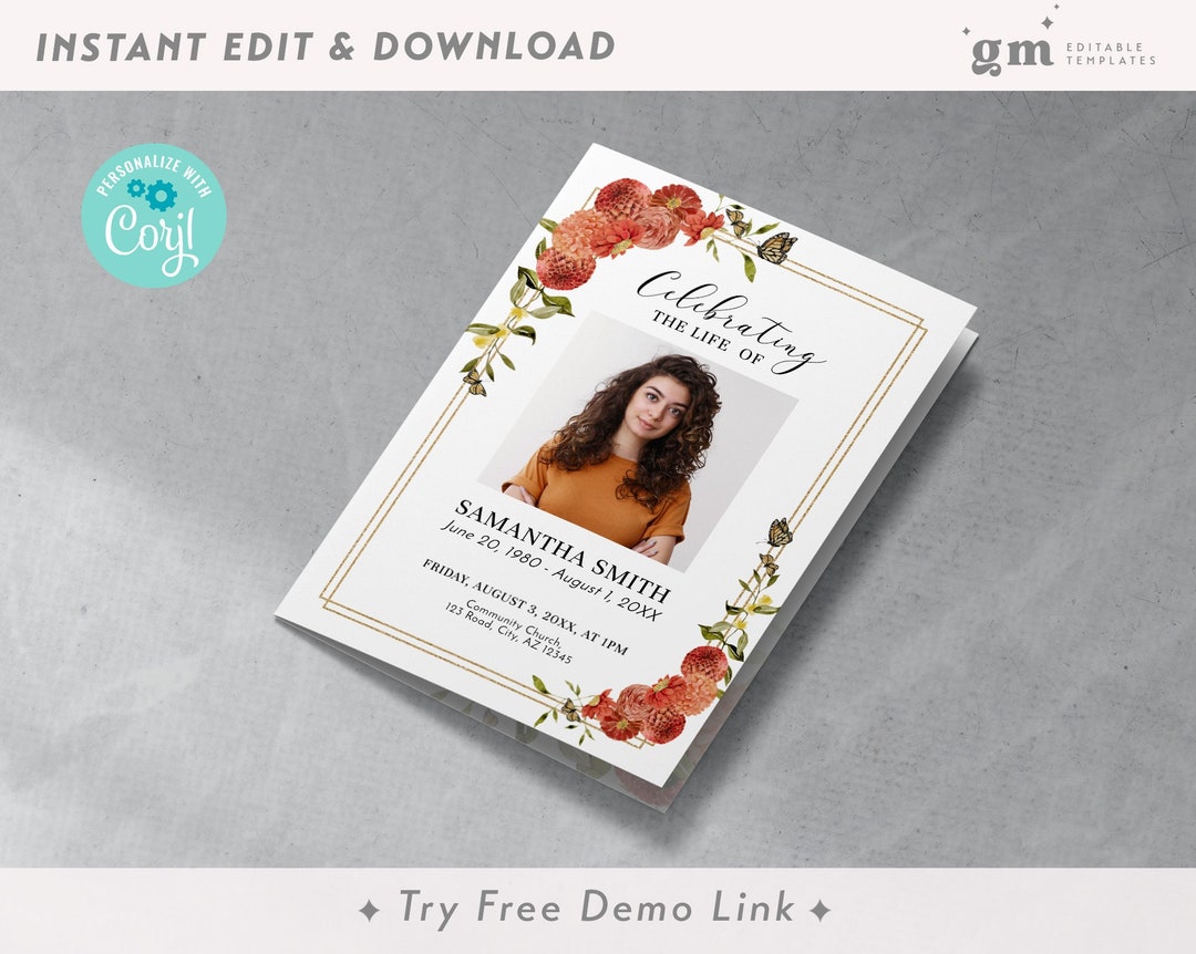 4 Page Funeral Program, Red Dahlias & Butterflies, Editable Floral Obituary TEMPLATE, Bifold ...