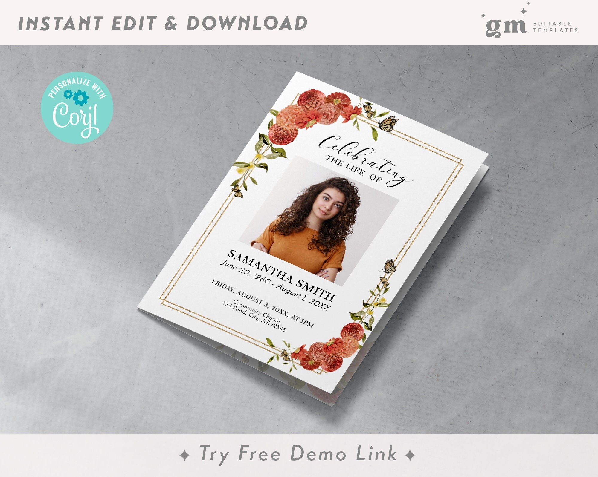 4 Page Funeral Program, Red Dahlias & Butterflies, Editable Floral ...