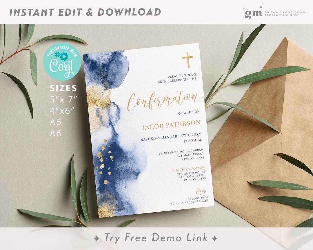 Watercolor Confirmation Invite, Navy Gold Boy Religious Invite Template ...