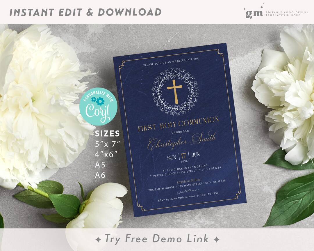 Cross Communion Invitation, EDITABLE Boy First Holy Communion Invite ...
