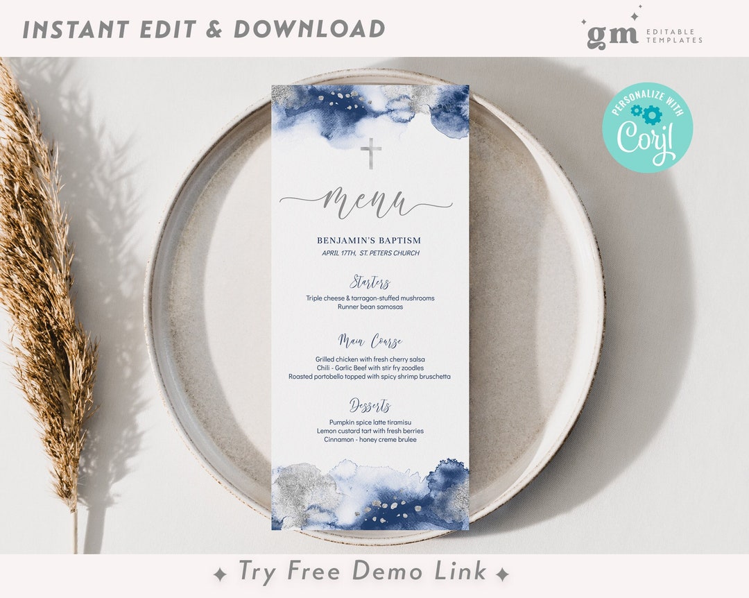 Navy & Silver Baptism Lunch Menu, EDITABLE Boy Communion Menu Template ...
