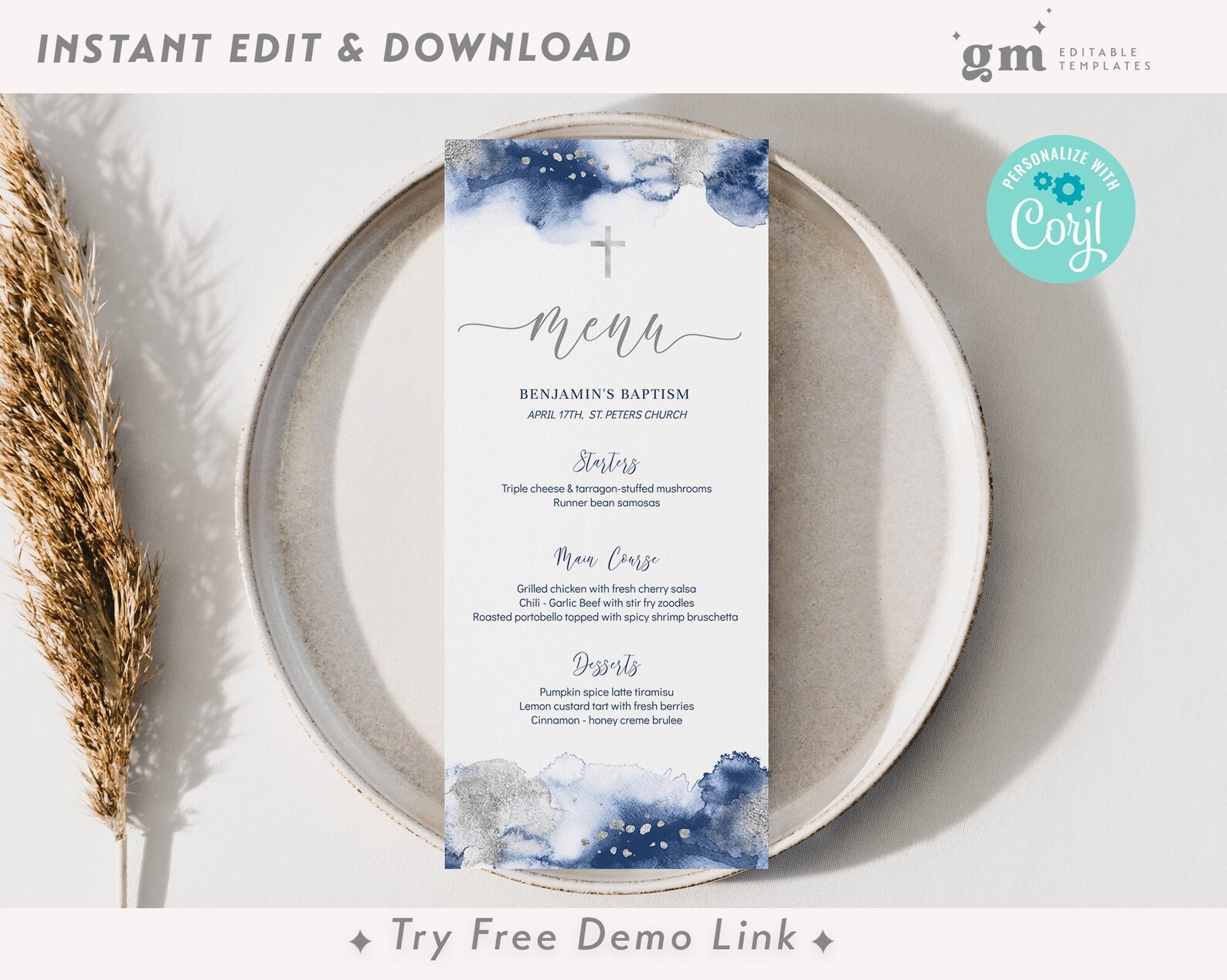 Navy & Silver Baptism Lunch Menu, EDITABLE Boy Communion Menu Template ...