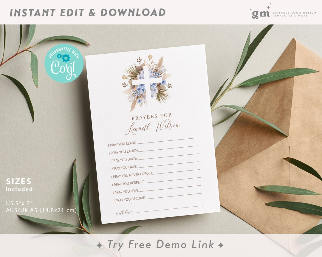 Boho Prayers for Baby, Editable Baptism Prayer Card Template, Pampas ...