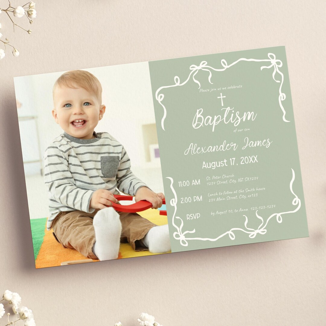 Wavy Border & Bows Christening Photo Invite, Sage Green, Editable ...