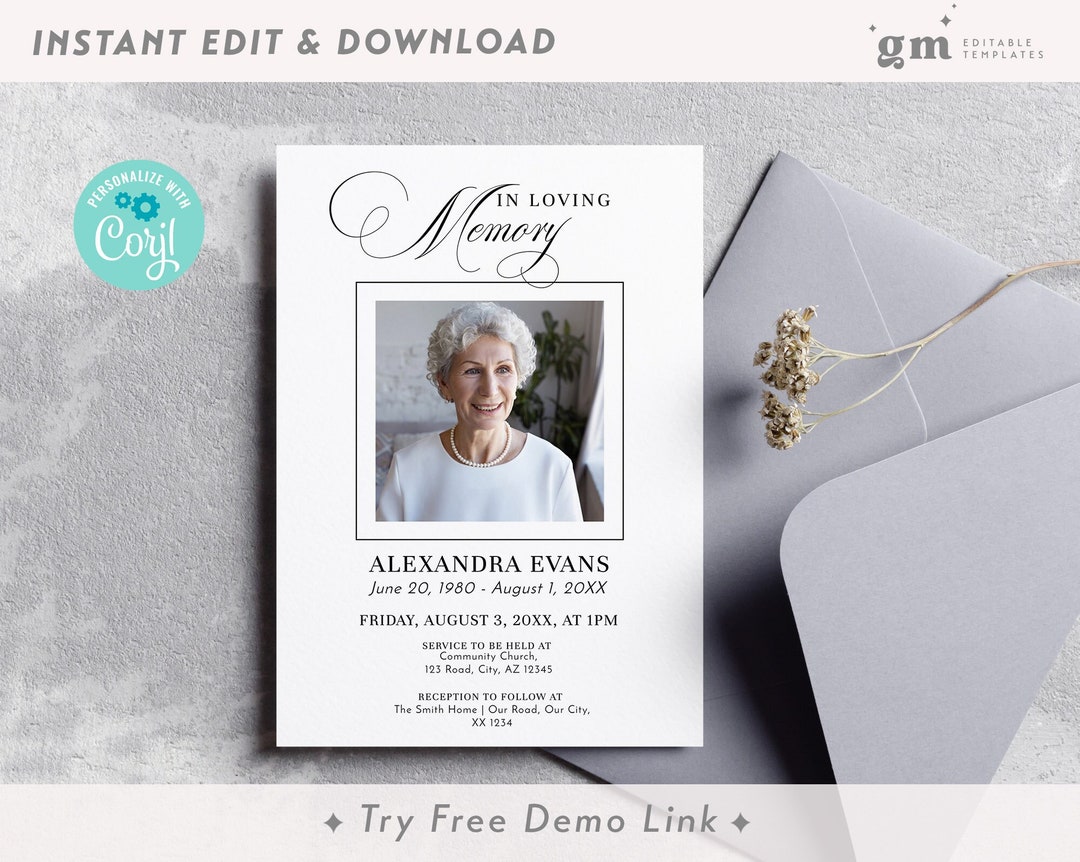 Elegant Memorial Invitation Card, Editable Simple Funeral Announcement ...