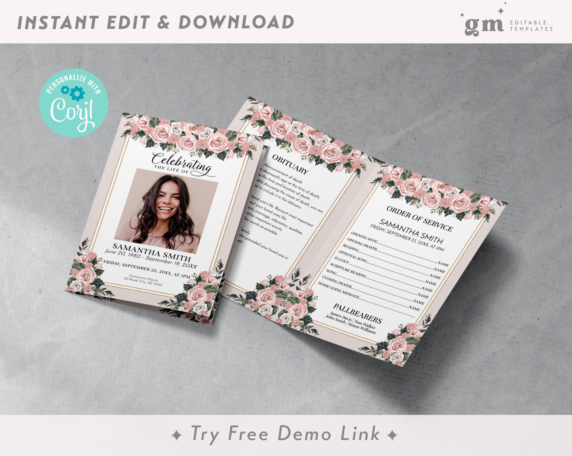 Pink Rose Funeral Template Package, Editable Floral Woman Celebration ...