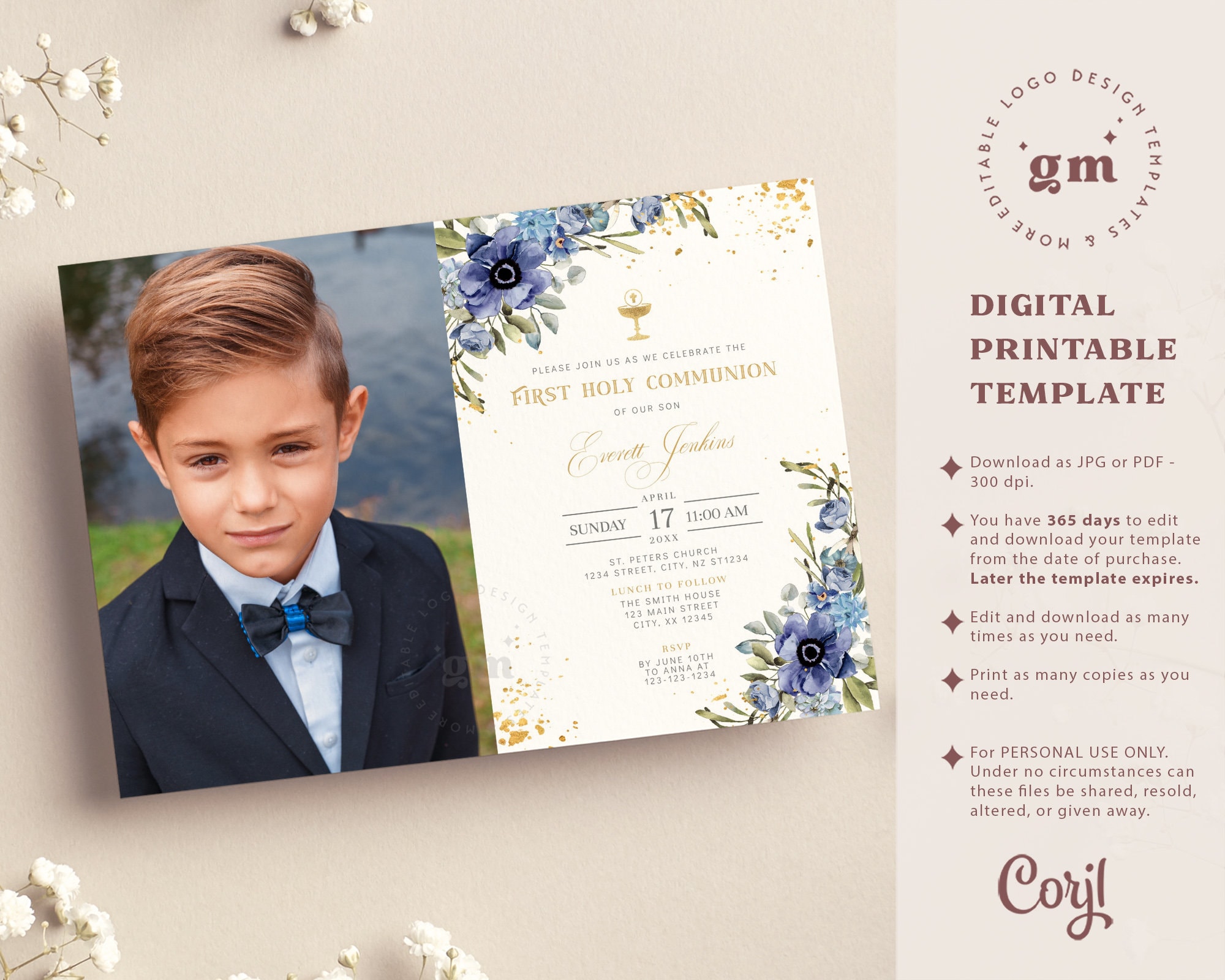 Floral Boy 1st Communion Photo Invitation, EDITABLE First Holy Communion Invite Template, Navy ...