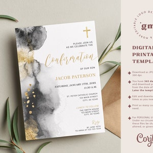 Black & Gold Confirmation Invite, Boy Girl Religious Invite Template ...