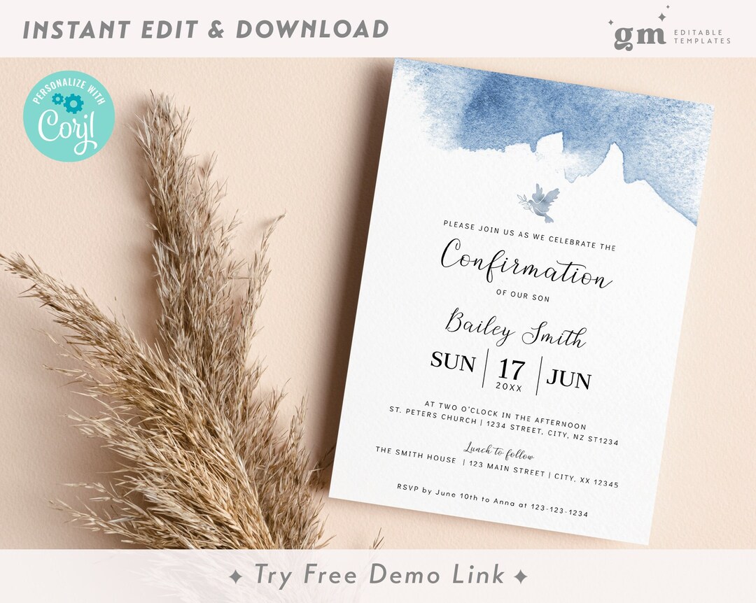 Blue Boy Confirmation Invite, EDITABLE Watercolor Male Confirmation ...