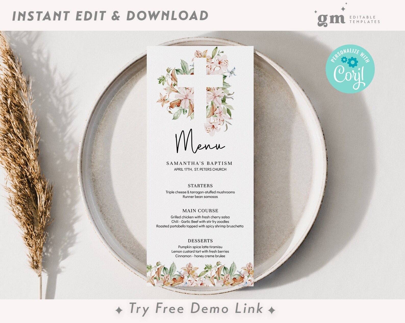 Blush Floral Cross Baptism Lunch Menu, EDITABLE Girl Communion Menu ...