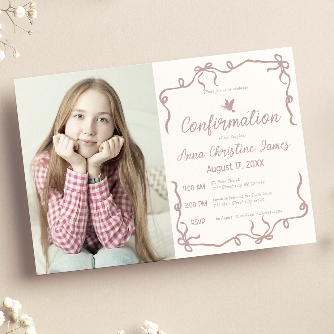 Girl Bow Confirmation Photo Invitation Template, Editable Wavy Border ...