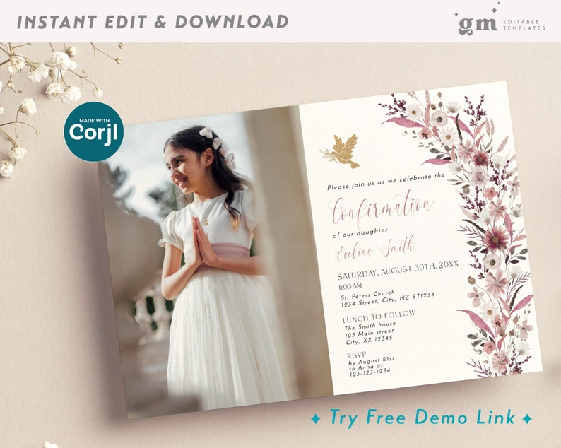 Wildflower Girl Confirmation Picture Invitation With Dove, EDITABLE ...
