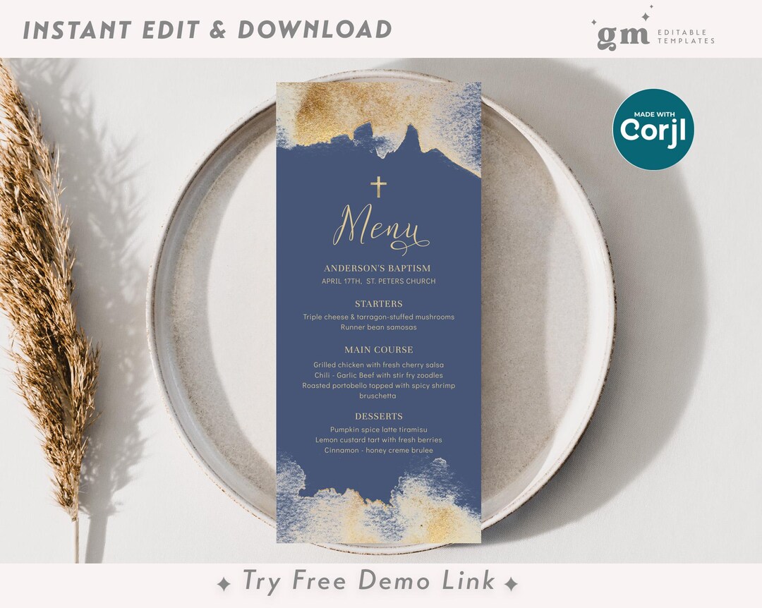 Tall Baptism Dinner Menu, Gold & Navy, EDITABLE Boy Christening Table ...