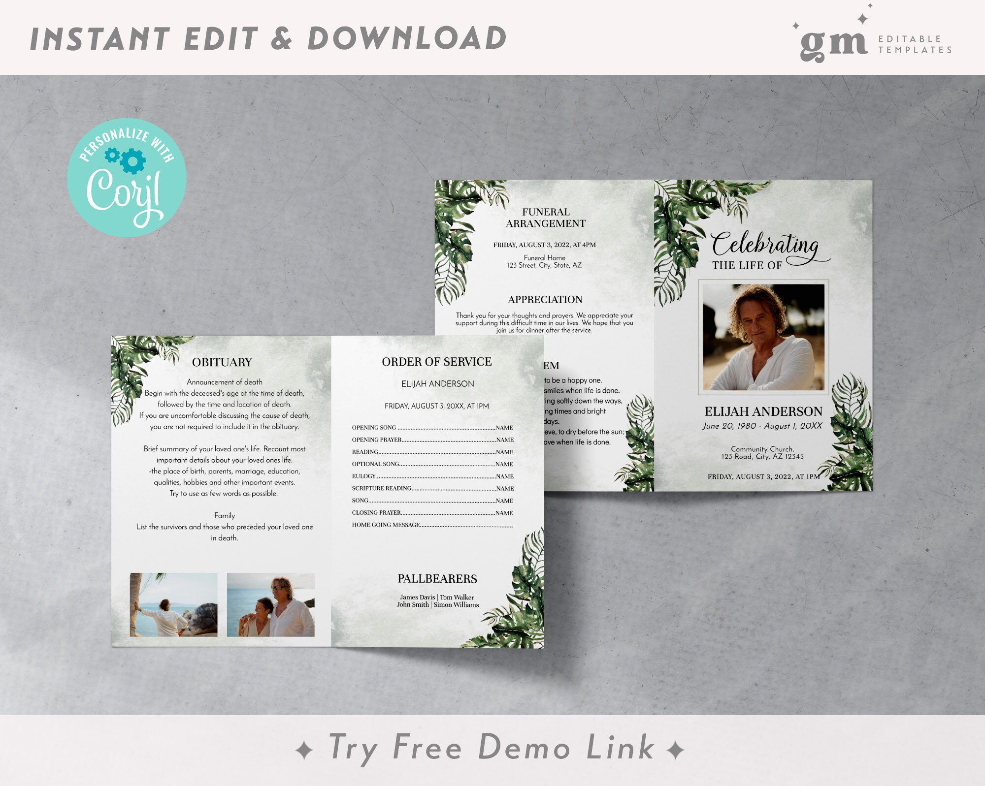 4 Page Funeral Program, Tropical Leaves, Editable Greenery Obituary ...