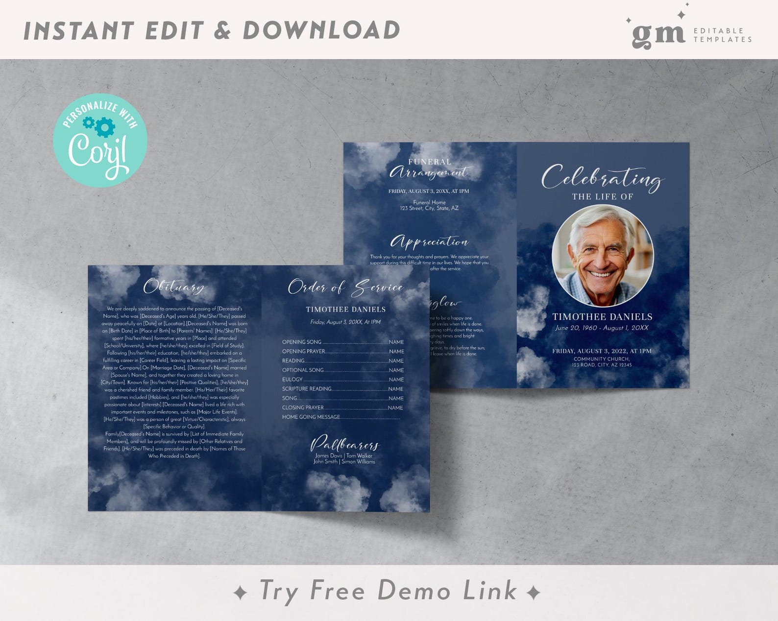 Blue Clouds 4 Page Funeral Program, Editable Navy Sky Obituary TEMPLATE ...