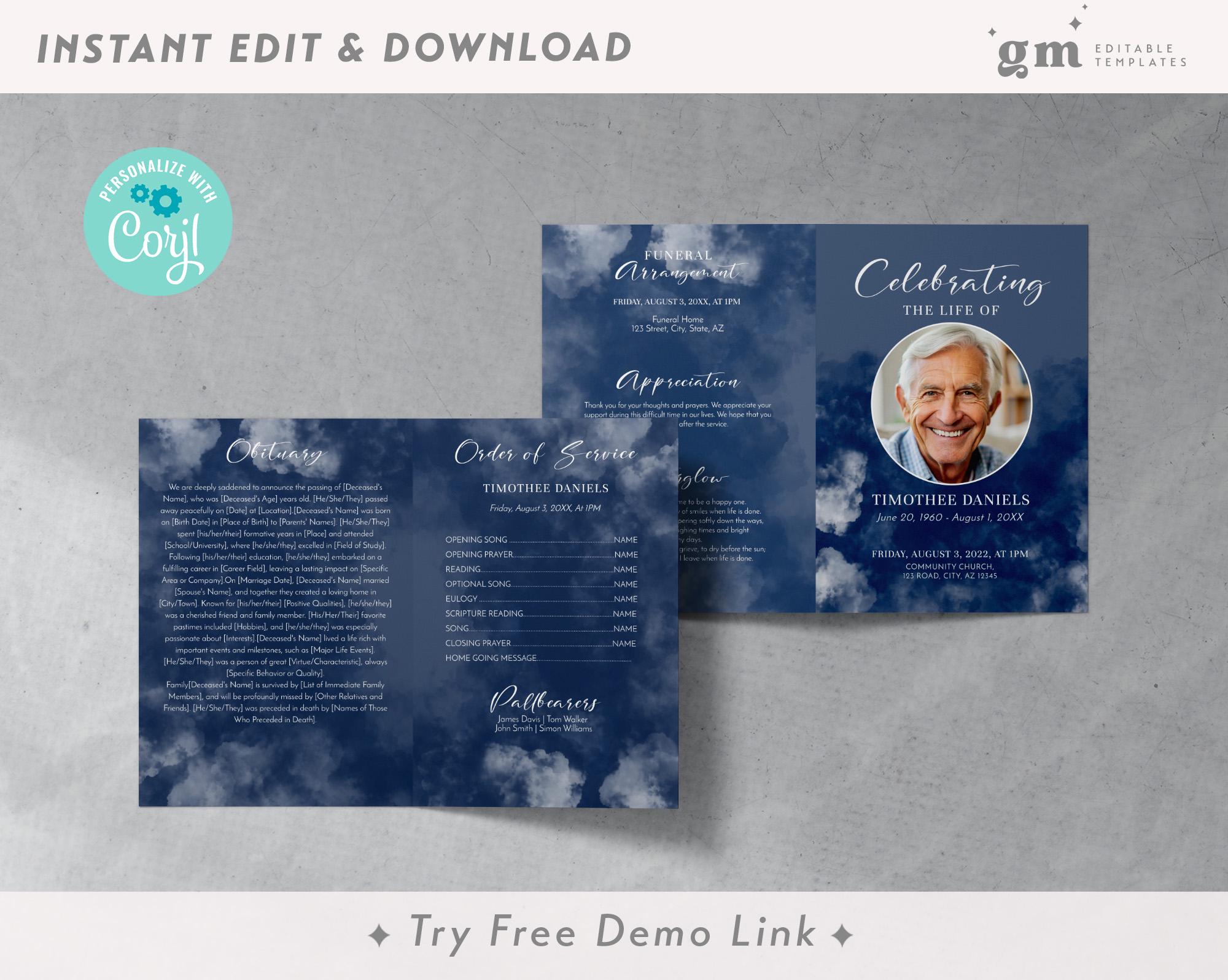 Blue Clouds 4 Page Funeral Program, Editable Navy Sky Obituary TEMPLATE ...