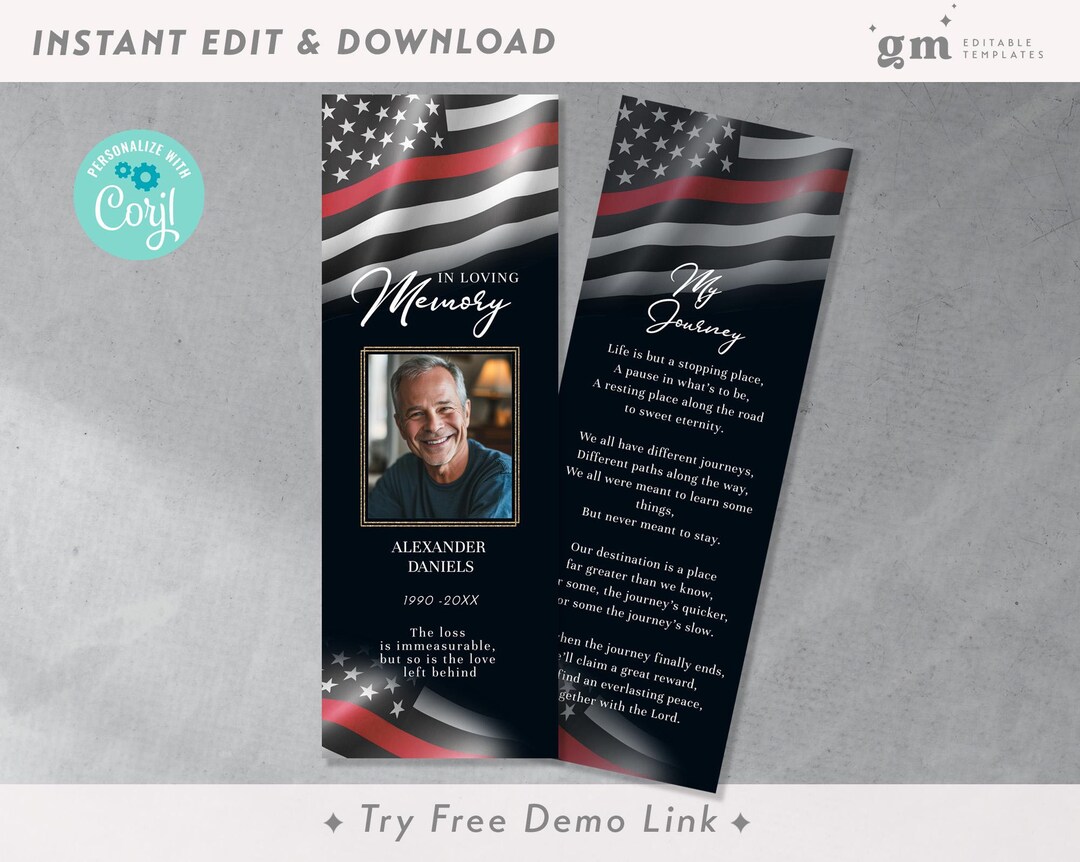 Fireman Funeral Bookmark, Editable Firefighter Memorial Bookmark ...
