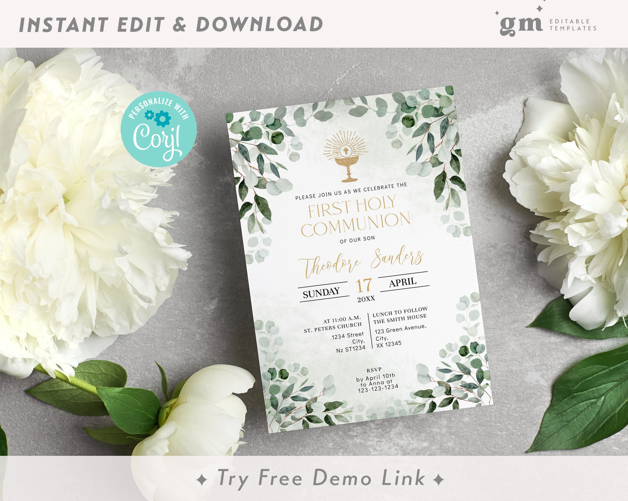 Greenery 1st Communion Invitation With Chalice, Editable Boy First Holy ...