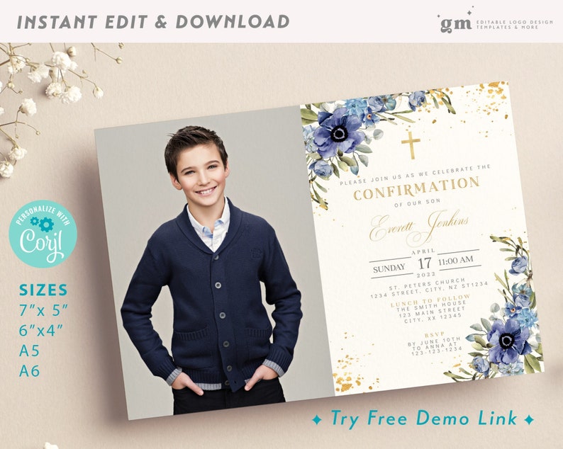 Blue & Gold Confirmation Photo Invitation Template, EDITABLE Floral Boy ...