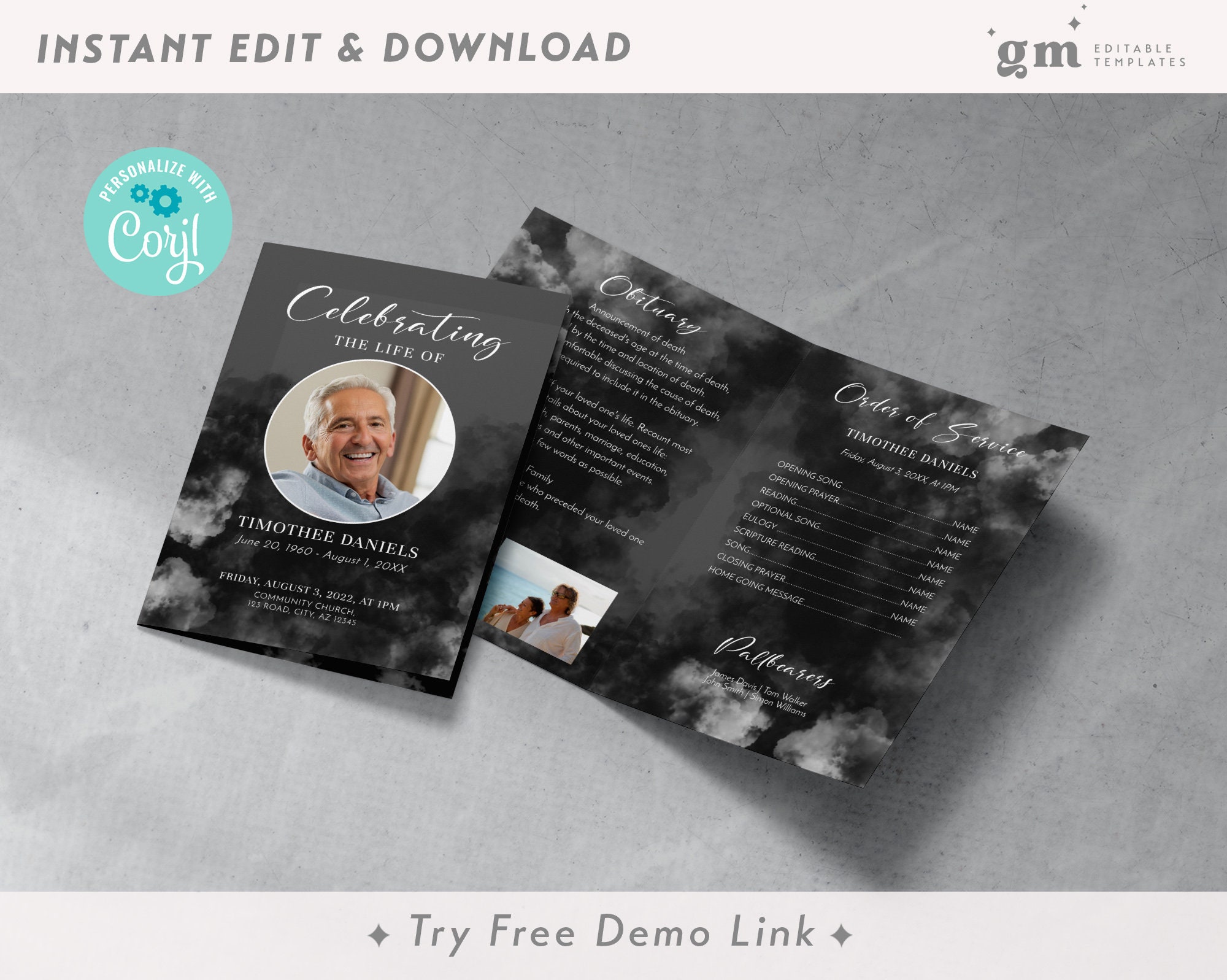 Clouds 4 Page Funeral Program, Editable Dark Sky Obituary TEMPLATE ...