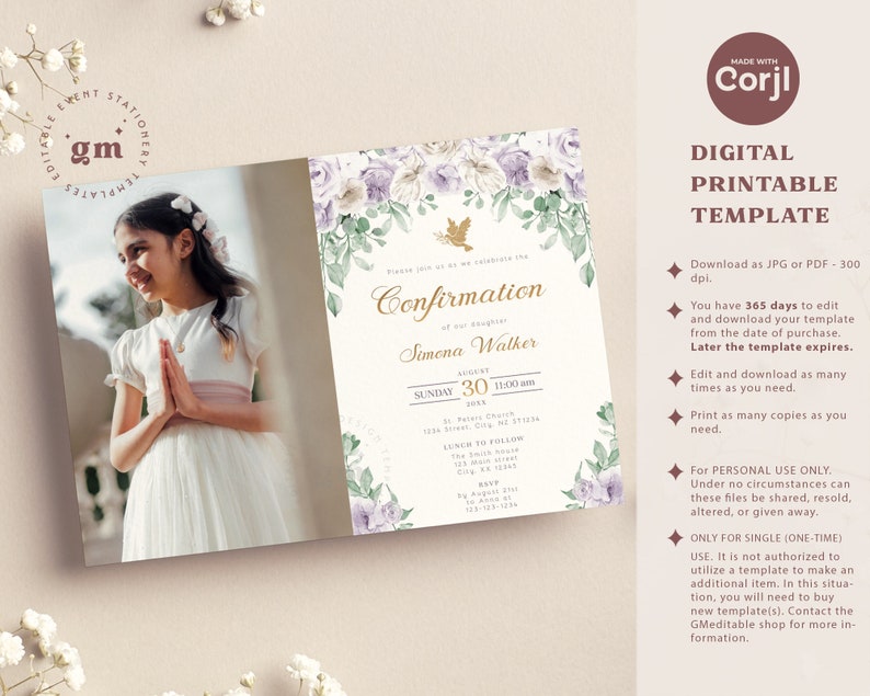 Girl Confirmation Picture Invitation, Purple Floral & Greenery ...