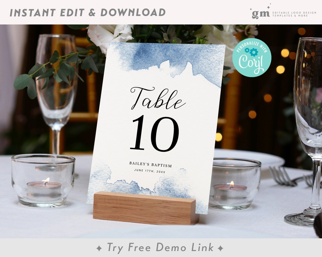 Light Blue Table Number Sign, EDITABLE Modern Table Number Card ...